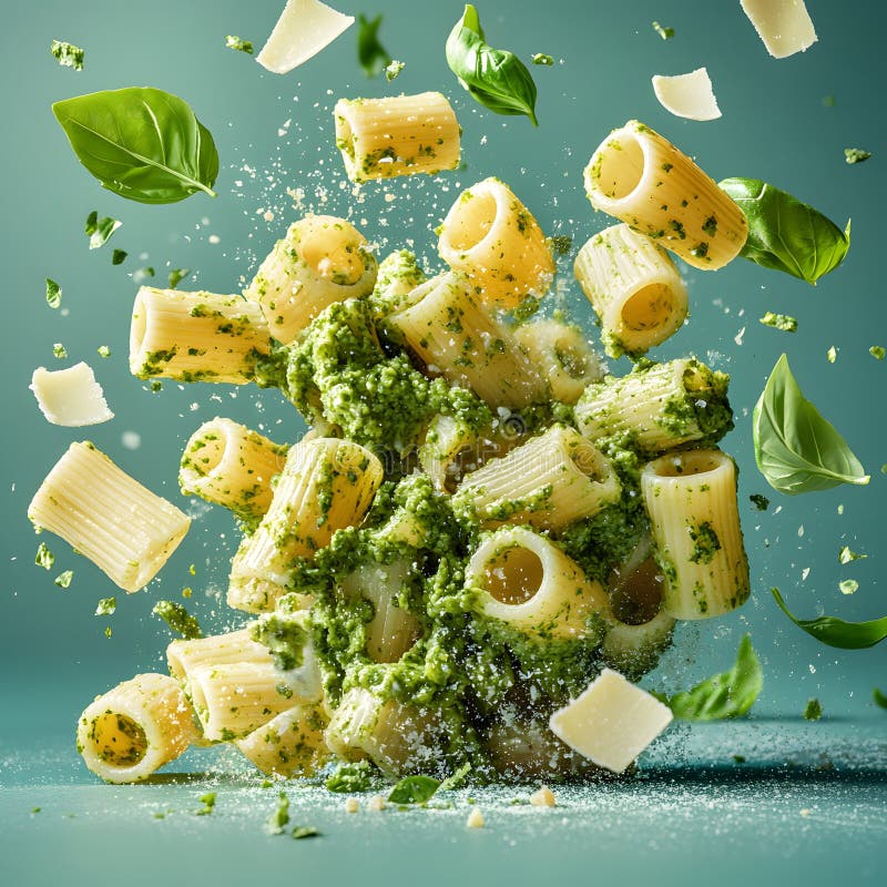 Pasta Exploding Outward with Creamy Pesto Sauce and Herbs Stock ...