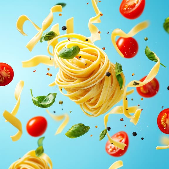 Pasta Explosion with Tomatoes and Basil Leaves Stock Illustration ...
