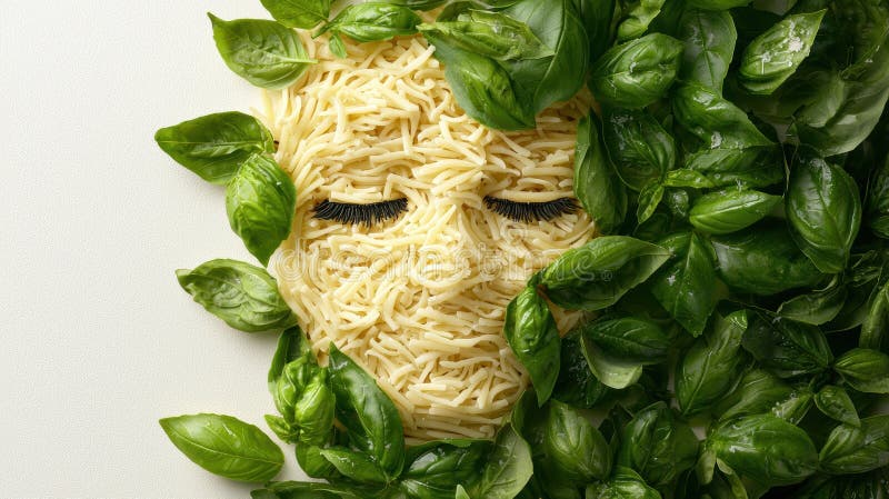 Pasta Face with Basil Leaves Stock Illustration - Illustration of ...
