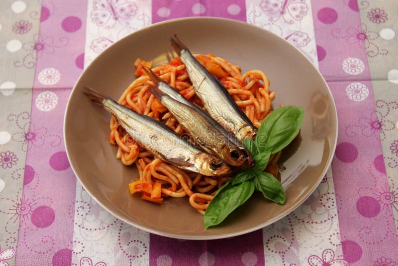 Pasta with fish stock photo. Image of tomatoes, snack - 97246044