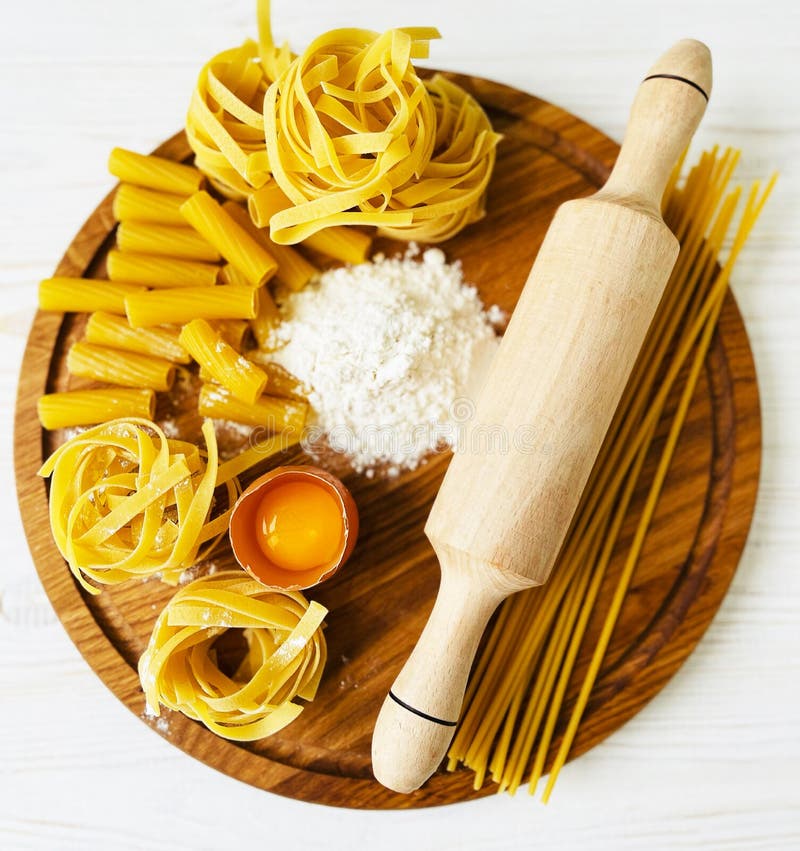 Different Types of Pasta, Egg and Flour Stock Image - Image of wooden ...