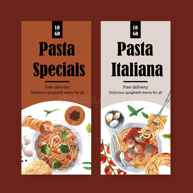 Pasta Flyer Design with Various Pasta Watercolor Illustration Stock ...