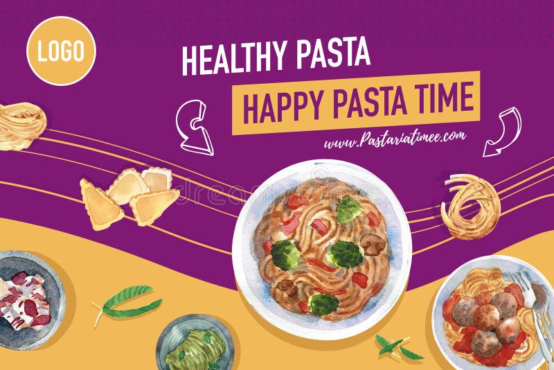 Pasta Frame Design with Bacon, Pasta Watercolor Illustration Stock ...