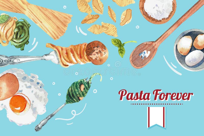 Pasta Frame Design with Egg, Potato, Spoon Watercolor Illustration ...