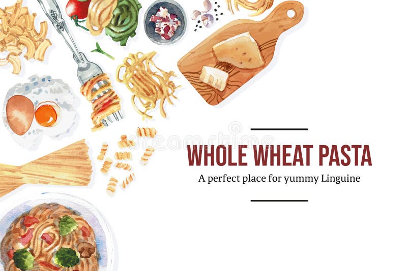 Pasta Frame Design with Fork, Macaroni, Pasta Watercolor Illustration ...