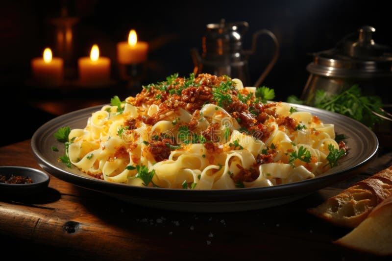 Pasta Front View with Meat Inside White Plate on Th Stock Illustration ...