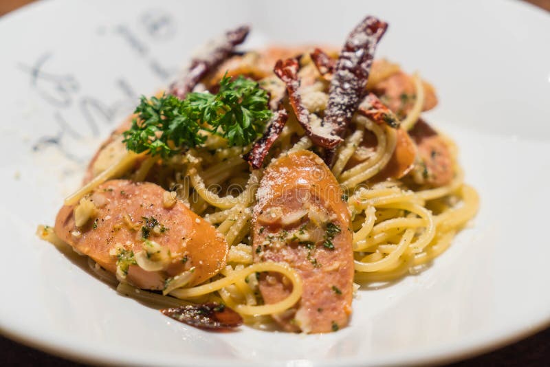 Pasta with germany sausage stock image. Image of meal - 92632489