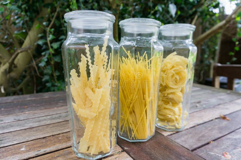 Pasta in Glass Display Vases. Stock Photo - Image of garden, pasta ...