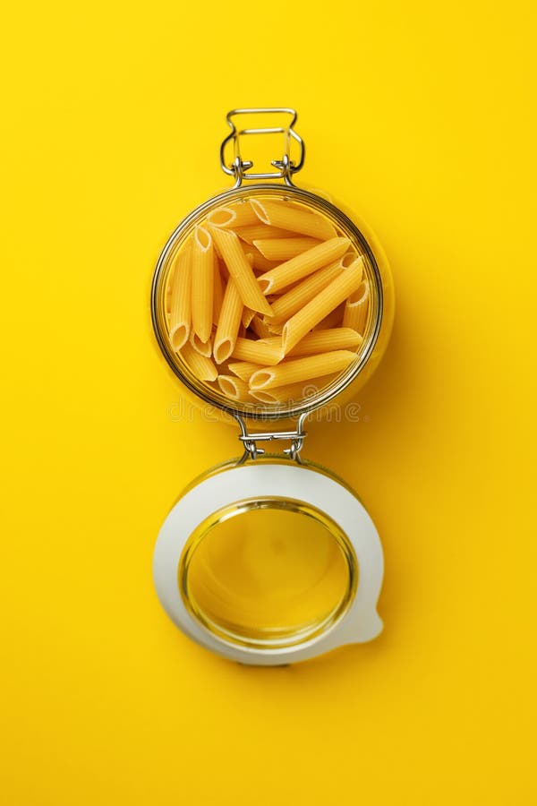 Pasta in a Glass Jar Top View Stock Photo - Image of table, spiral ...