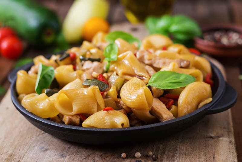 Pasta Gomiti Rigati with Meat and Vegetables Stock Photo - Image of ...