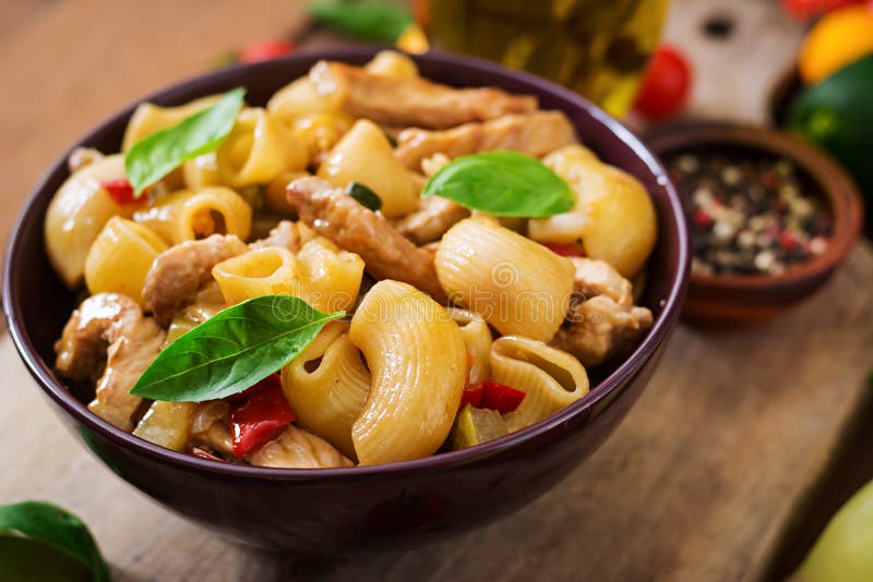 Pasta Gomiti Rigati with Meat and Vegetables Stock Photo - Image of ...