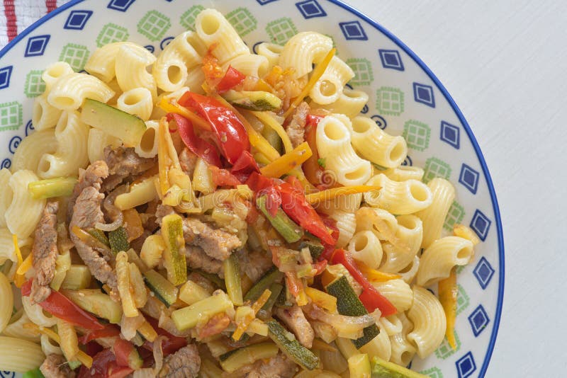 Pasta Horns with Vegetables and Meat Stock Image - Image of eating ...