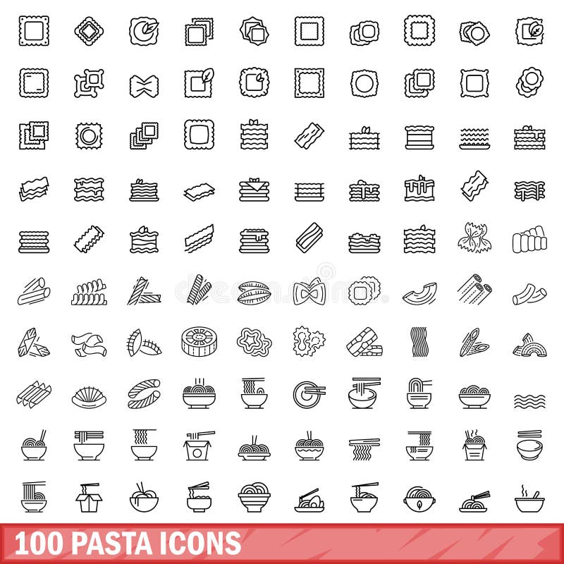 100 Pasta Icons Set, Outline Style Stock Vector - Illustration of ...