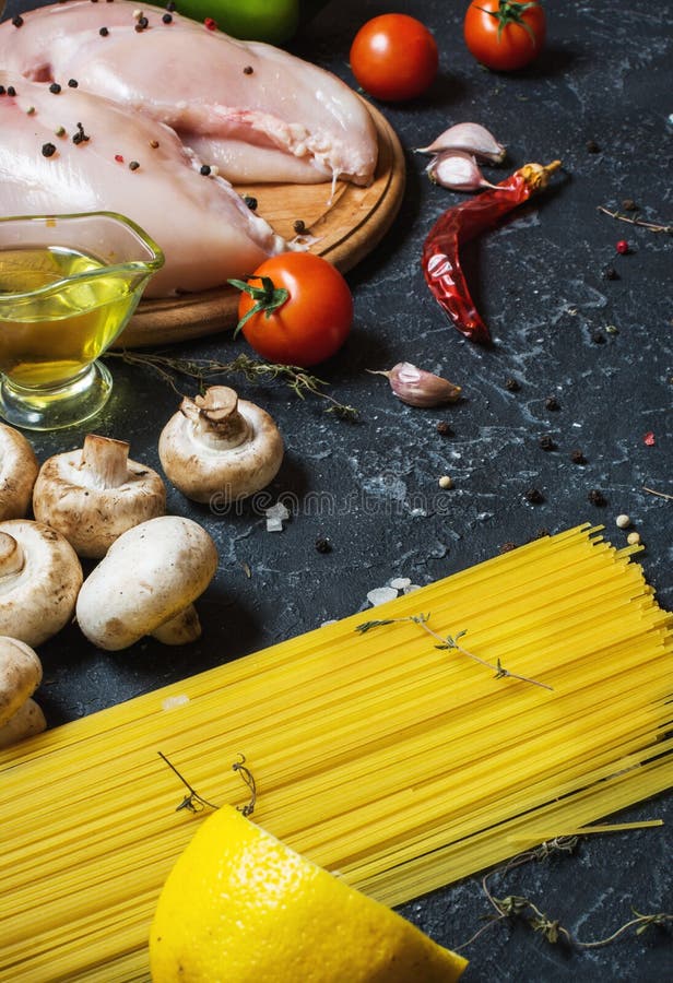 Pasta Ingredients. Chicken Breasts, Cherry Tomatoes, Spaghetti Pasta ...