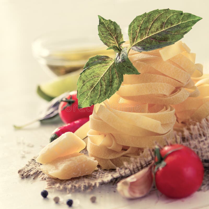 Pasta and Ingredients on Rustic Background Stock Photo - Image of ...