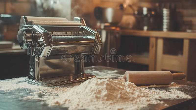 Pasta Maker, Flour, Rolling Pin on Kitchen Counter Stock Illustration ...