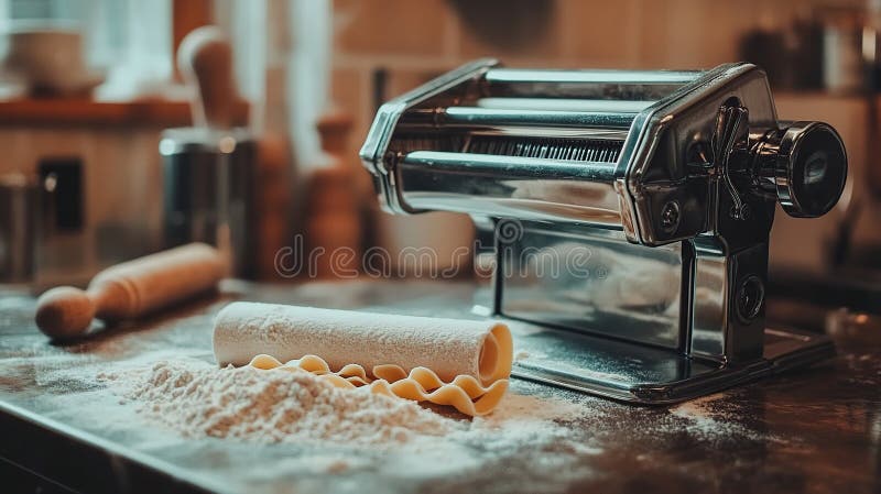 Pasta Maker with Rolled Dough and Flour on Kitchen Counter Stock ...