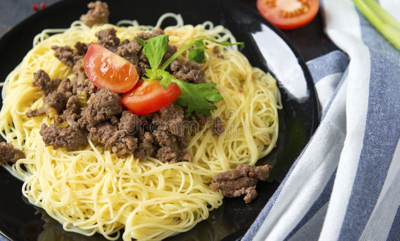 Pasta with Meat and Tomato, an Italian Dish Stock Photo - Image of ...