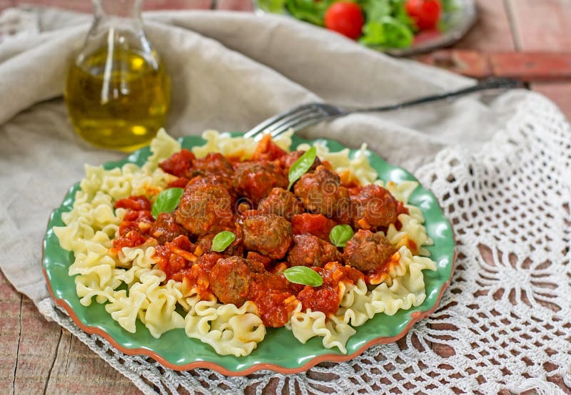 Pasta with Mini Meatballs with Tomato Sauce Stock Photo - Image of ...