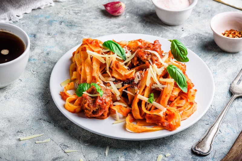 Pasta with mini meatballs stock image. Image of minced - 177685583