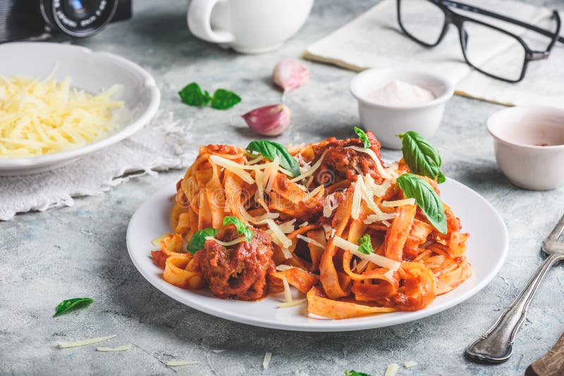 Pasta with mini meatballs stock image. Image of food - 217310767