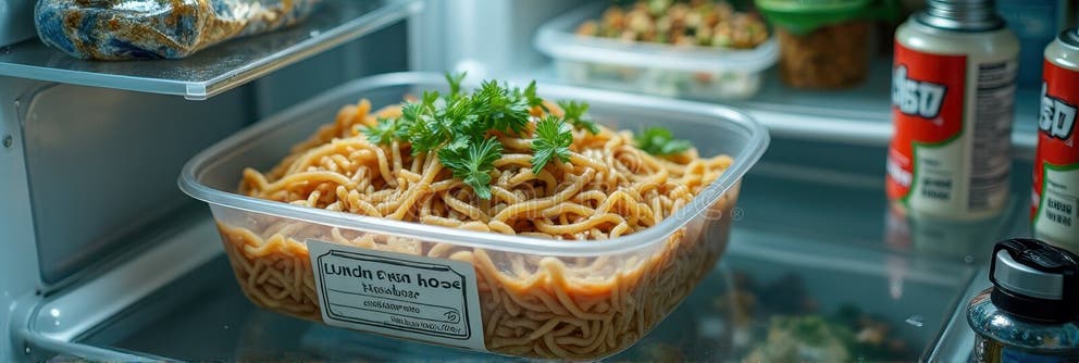 Pasta Noodles in Fridge Container with Parsley Garnish Stock Image ...