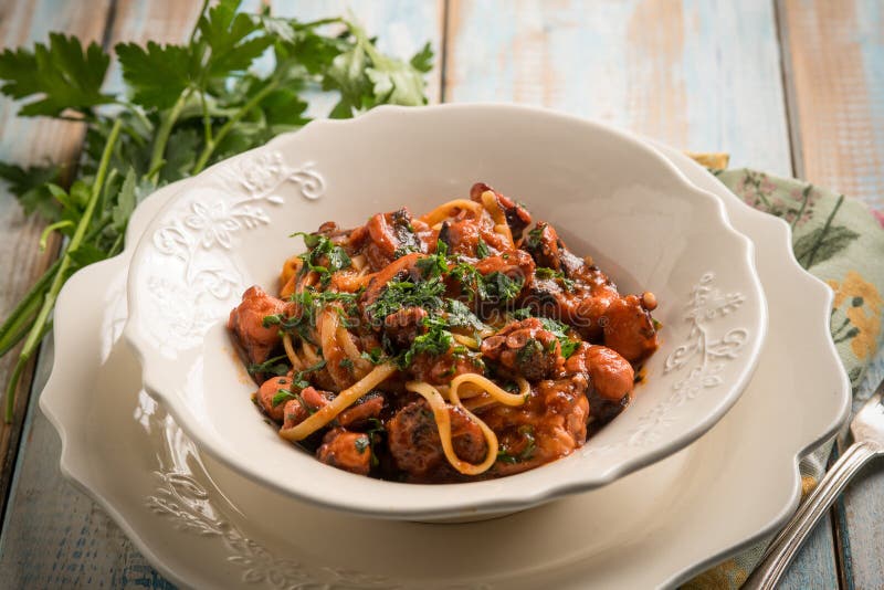 Pasta with Octopus Ragout Italian Recipe Stock Photo - Image of italian ...