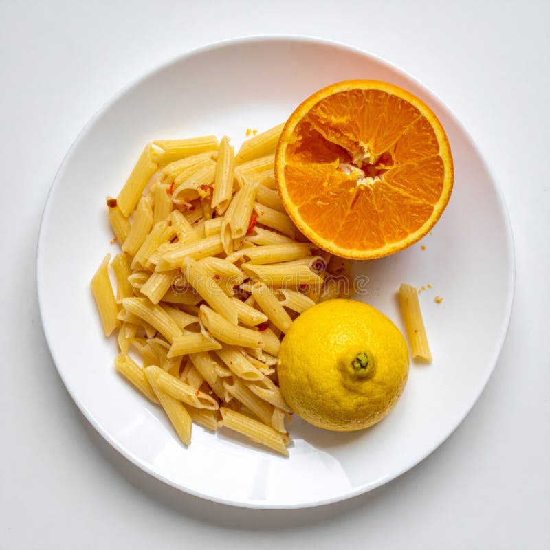 Pasta with Orange and Lemon Slices on White Plate Overhead Studio Shot Stock Illustration ...