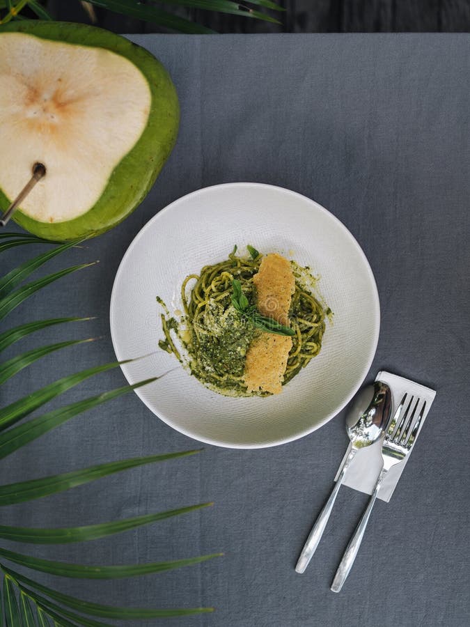 Pasta Pesto and Coconut on the Table Stock Photo - Image of dishes ...