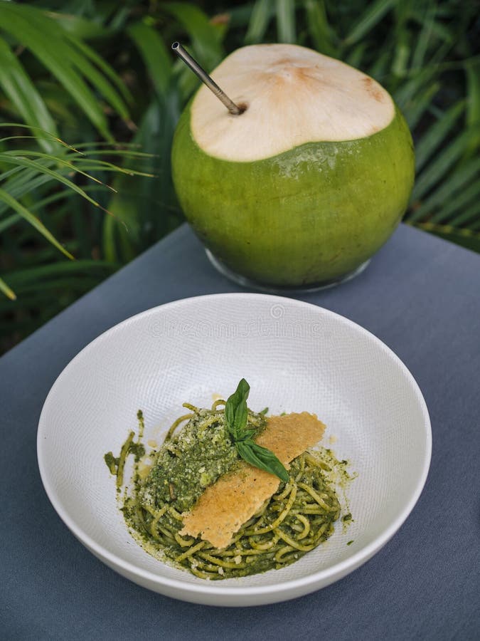 Pasta Pesto and Coconut on the Table Stock Image - Image of abundance ...