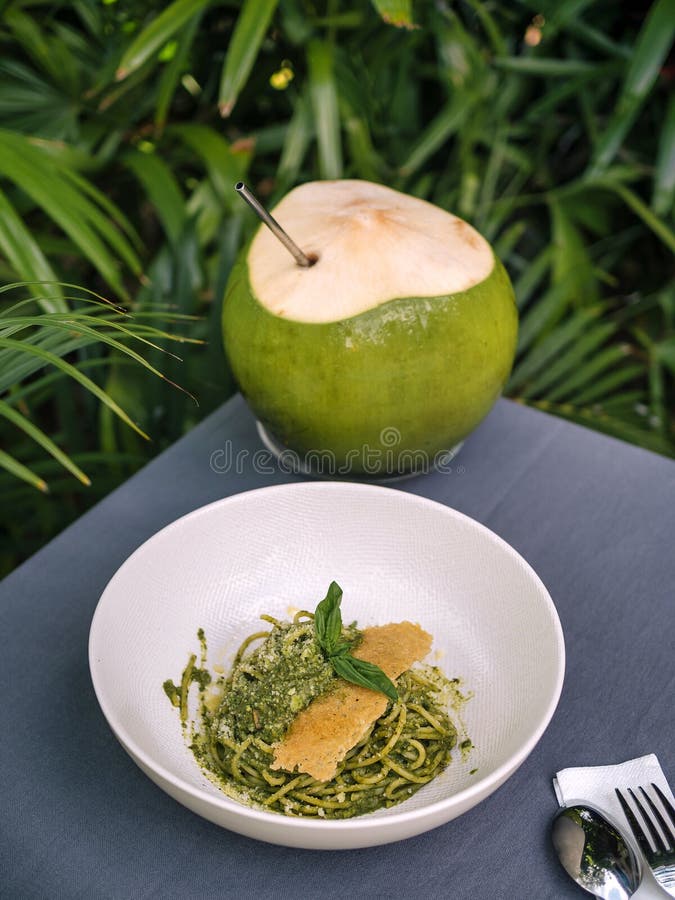 Pasta Pesto and Coconut on the Table Stock Photo - Image of padano ...