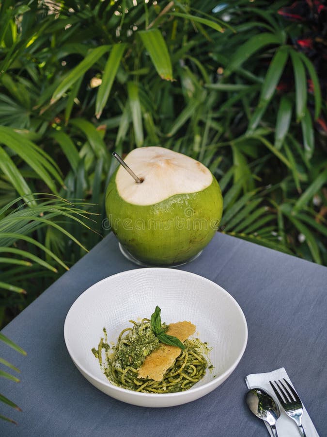 Pasta Pesto and Coconut on the Table Stock Image - Image of cheese ...