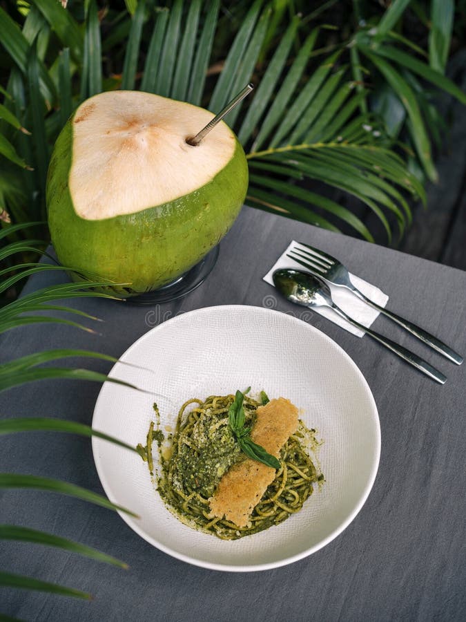 Pasta Pesto and Coconut on the Table Stock Photo - Image of tropical ...