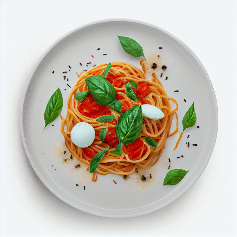 Pasta on Plate with Basil Leaves. Generative AI Stock Illustration ...