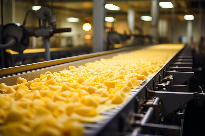 Pasta Producing Process, Various Types of Pasta on Conveyor Belt Stock ...