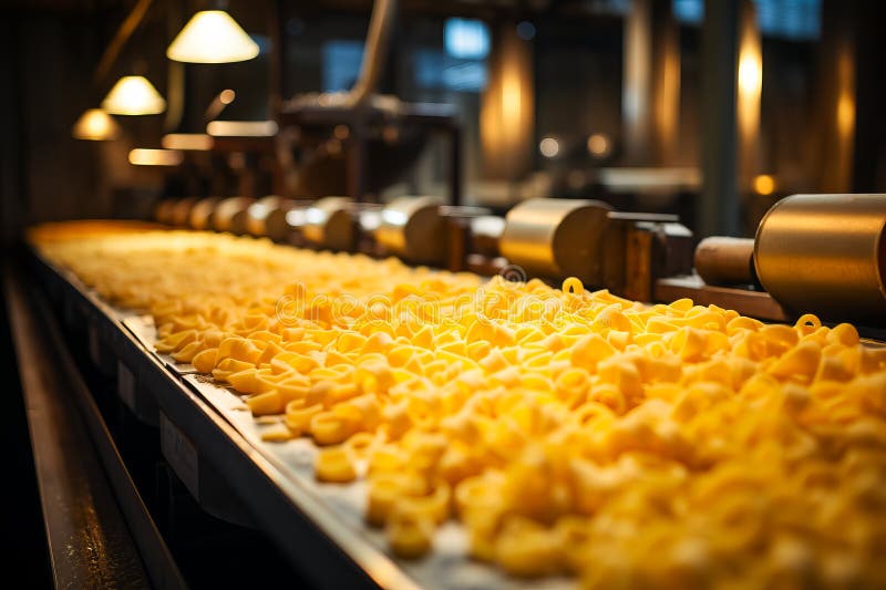 Pasta Producing Process, Various Types of Pasta on Conveyor Belt Stock ...