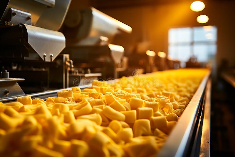 Pasta Producing Process, Various Types of Pasta on Conveyor Belt Stock ...