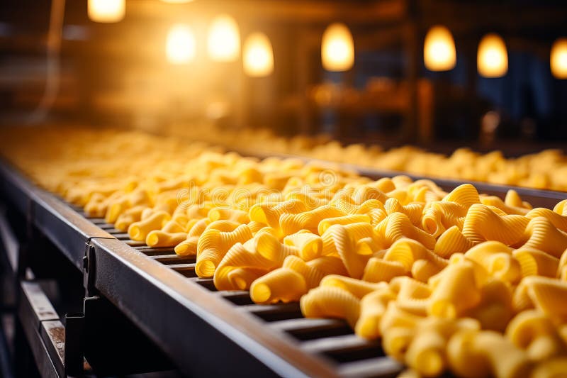 Pasta Producing Process, Various Types of Pasta on Conveyor Belt Stock ...