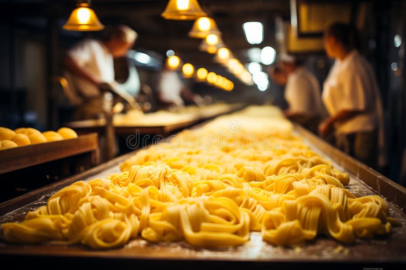 Pasta Producing Process, Various Types of Pasta on Conveyor Belt Stock ...