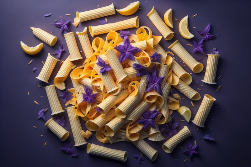 Pasta with Purple Flowers on a Dark Background. Top View Stock ...