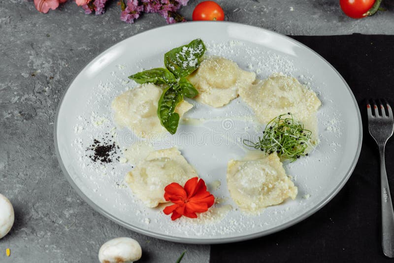 Pasta Ravioli with Meat, Tomato and Basil Stock Image - Image of ...