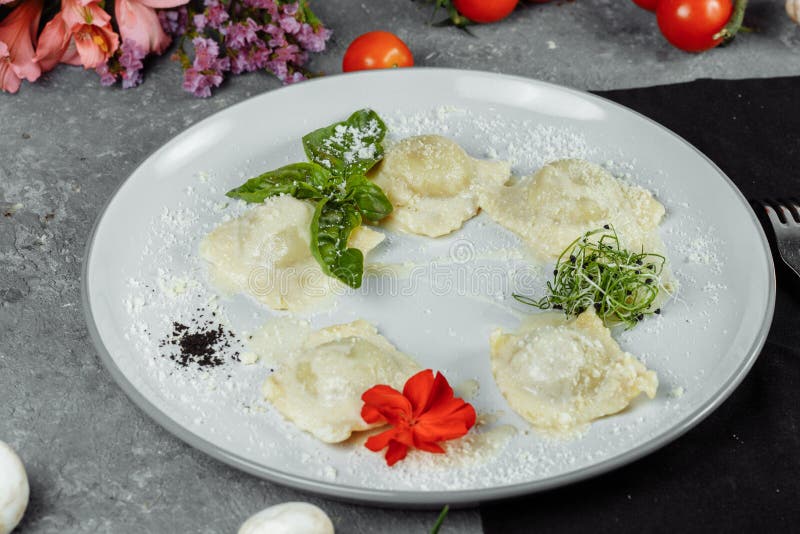 Pasta Ravioli with Meat, Tomato and Basil Stock Image - Image of lunch ...