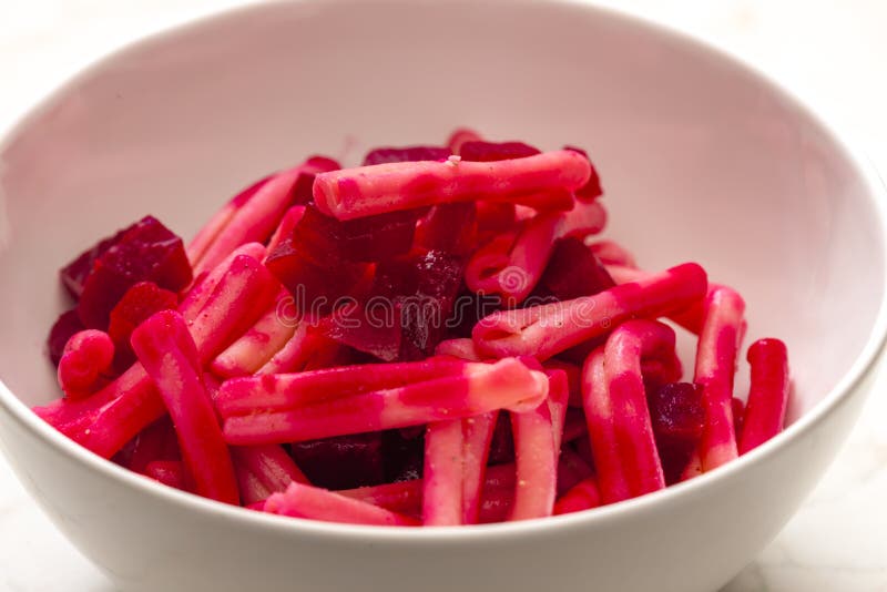 Pasta salad with red beet stock image. Image of sauce - 176726769