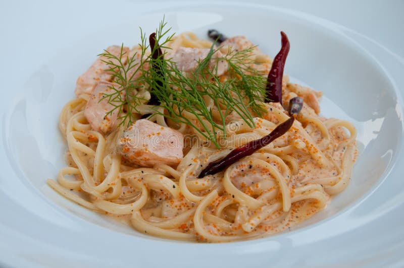 Pasta with Salmon and Prawn Roe Stock Photo - Image of dill, creamy ...