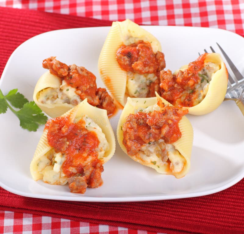 Pasta Shells with Ricotta Cheese and Tomato Sauce Stock Image - Image ...