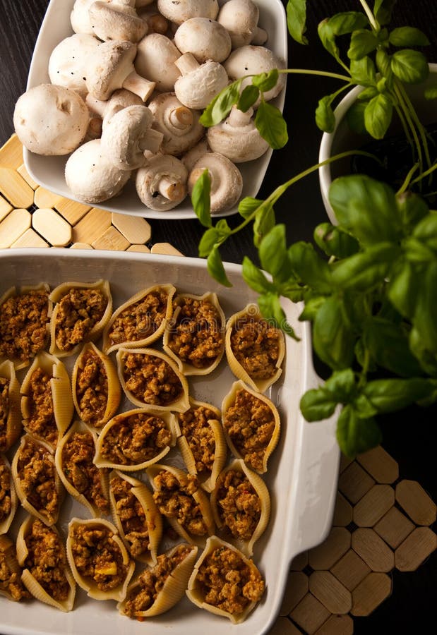 Pasta Shells Conchiglioni Stuffed with Meat Stock Photo - Image of ...