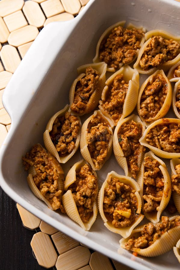 Pasta Shells Conchiglioni Stuffed with Meat Stock Photo - Image of ...