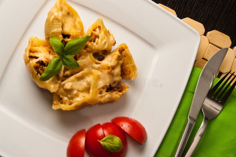 Pasta Shells Conchiglioni Stuffed with Meat Stock Photo - Image of ...