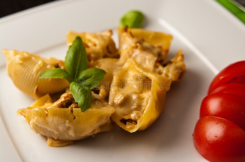 Pasta Shells Conchiglioni Stuffed with Meat Stock Photo - Image of ...