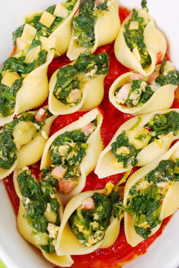 Pasta Shells Stuffed with Spinach and Eggs Stock Image - Image of ...